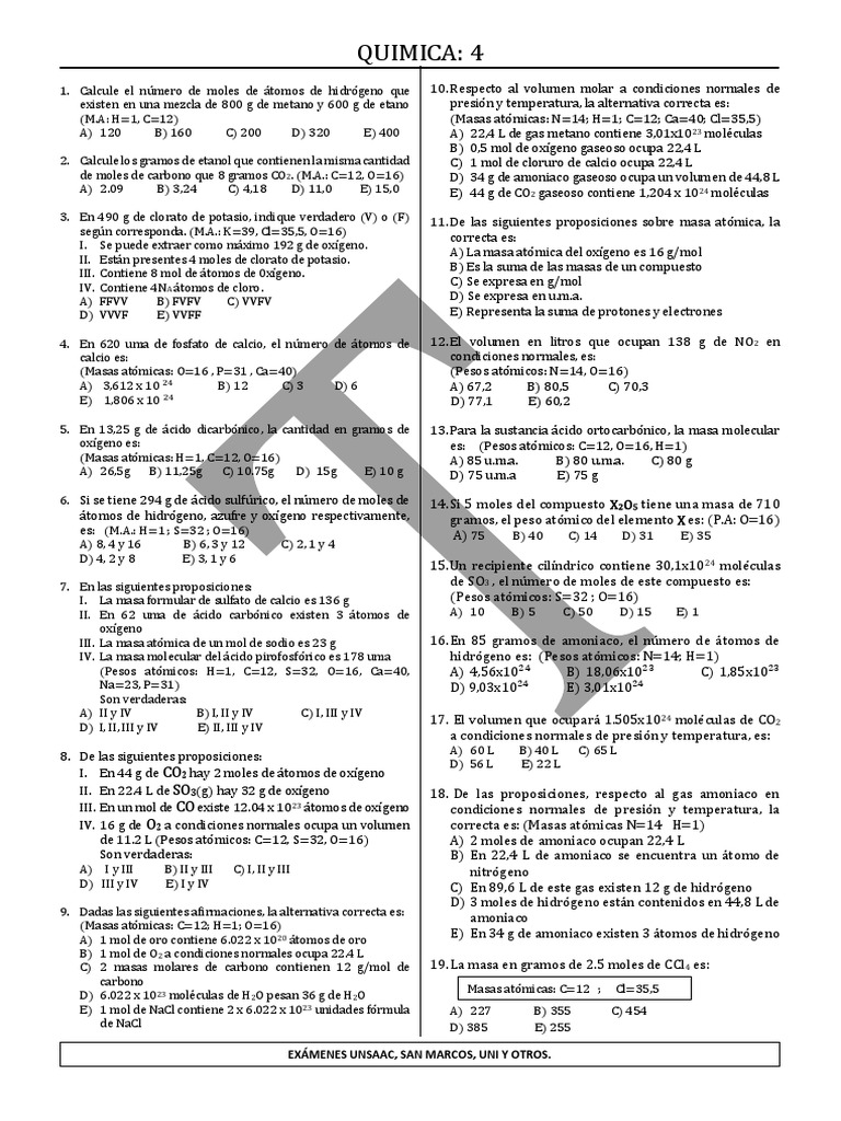 Química: cálculos estequiométricos y propiedades de los compuestos | PDF | Mole (Unidad) | Oxígeno
