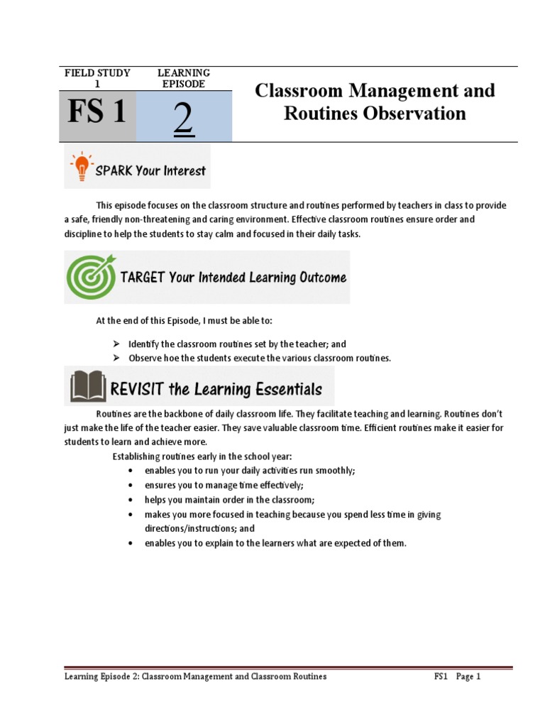 FIELD STUDY 1 E2 Classroom Management and Classroom Routines | PDF ...
