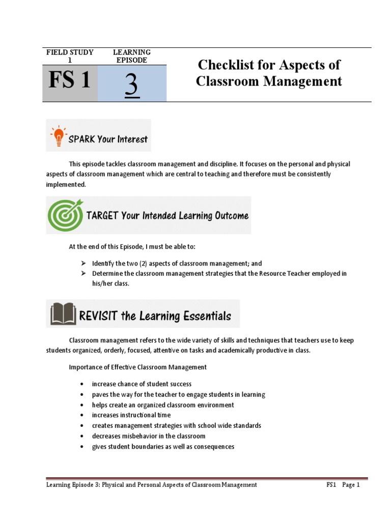 FIELD STUDY 1 E3 Checklist of Aspects of Classroom Management ...