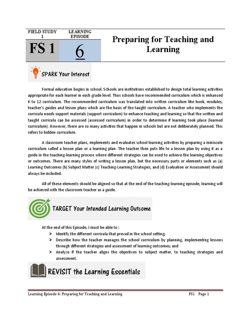 FIELD STUDY 1 E6 Preparing For Teaching and Learning | PDF | Curriculum | Teaching Method