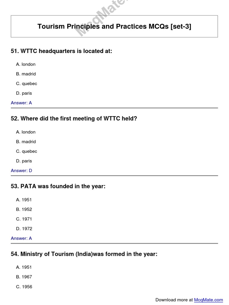 Tourism-Principles-And-Practices Solved MCQs (Set-3) | PDF | Tourism ...