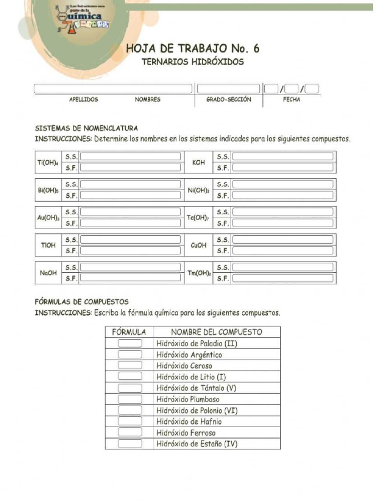 Quimica - Hoja de Trabajo 6 | PDF Quimica - Hoja de Trabajo 6 | PDF
