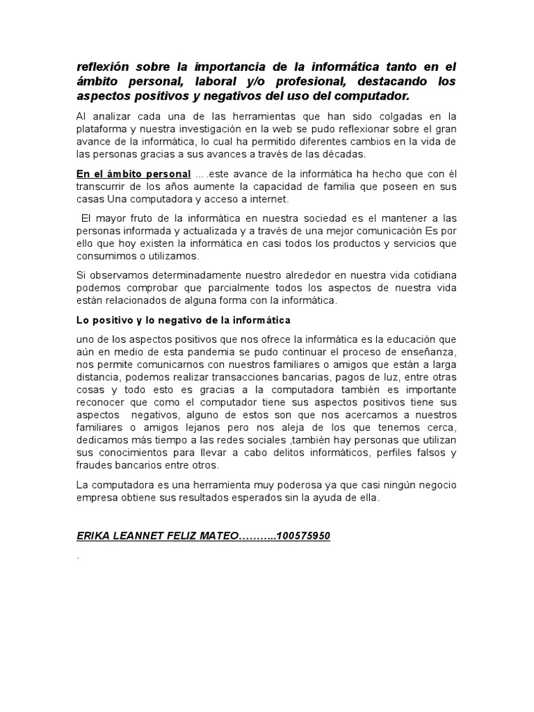 Reflexión Sobre La Importancia de La Informática Tanto en El Ámbito Personal | PDF | Informática