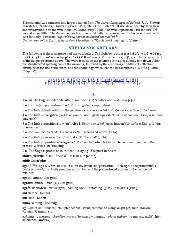 A Comprehensive Shelta Lexicon: An Online Copy of the Shelta Vocabulary ...