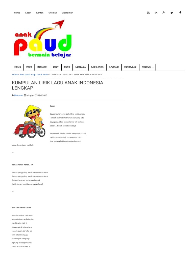 Kumpulan Lirik Lagu Anak Indonesia Lengkap - Anak Paud Bermain B | PDF