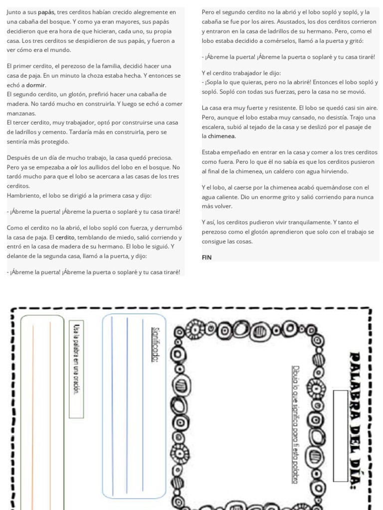 Comprensión del cuento "Los tres cerditos" | PDF