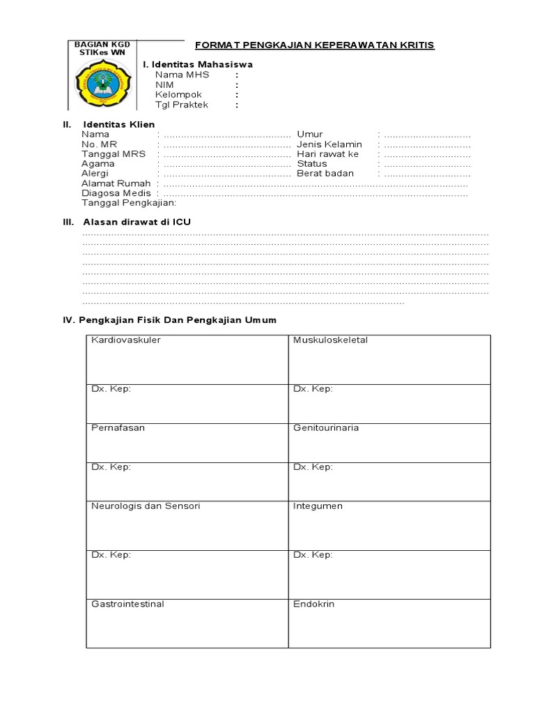 Format Pengkajian Kritis (ICU, ICVCU) | PDF