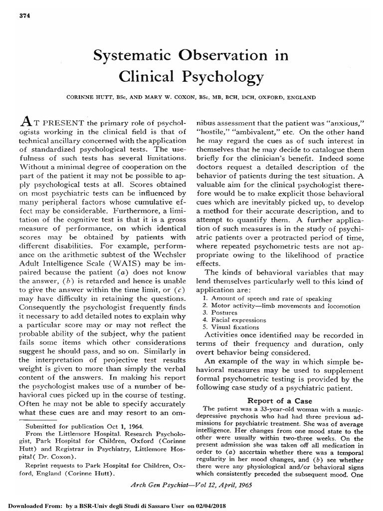 Systematic Observation in Clinical Psychology | PDF | Psychology ...