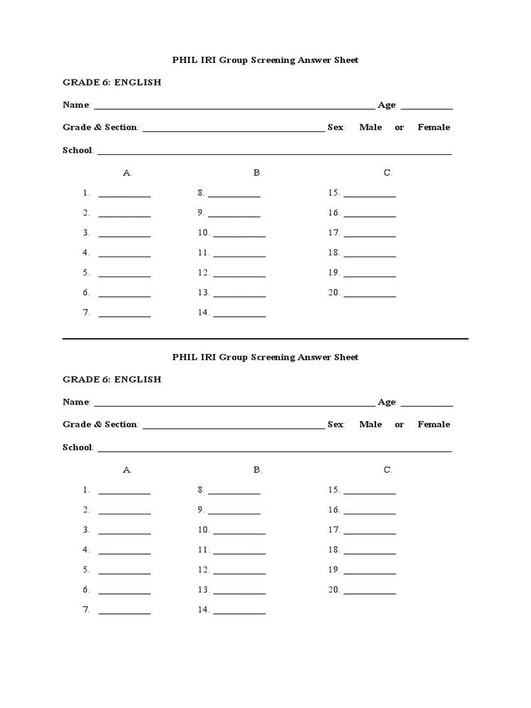 Grade 6 Answer Sheet | PDF