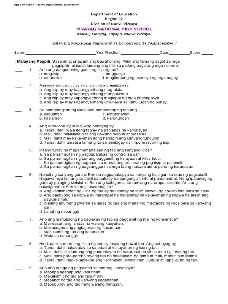 2ND Quarter Esp 7 Exam | PDF