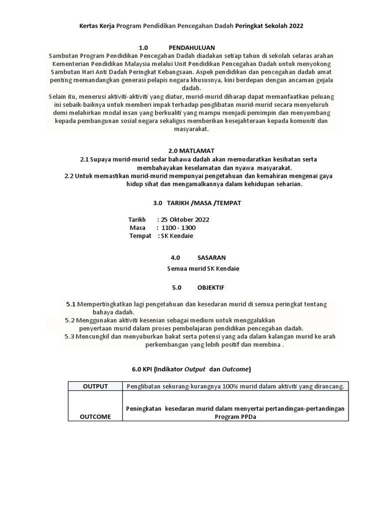 Kertas Kerja Program Pendidikan Pencegahan Dadah Peringkat Sekolah 2022 | PDF