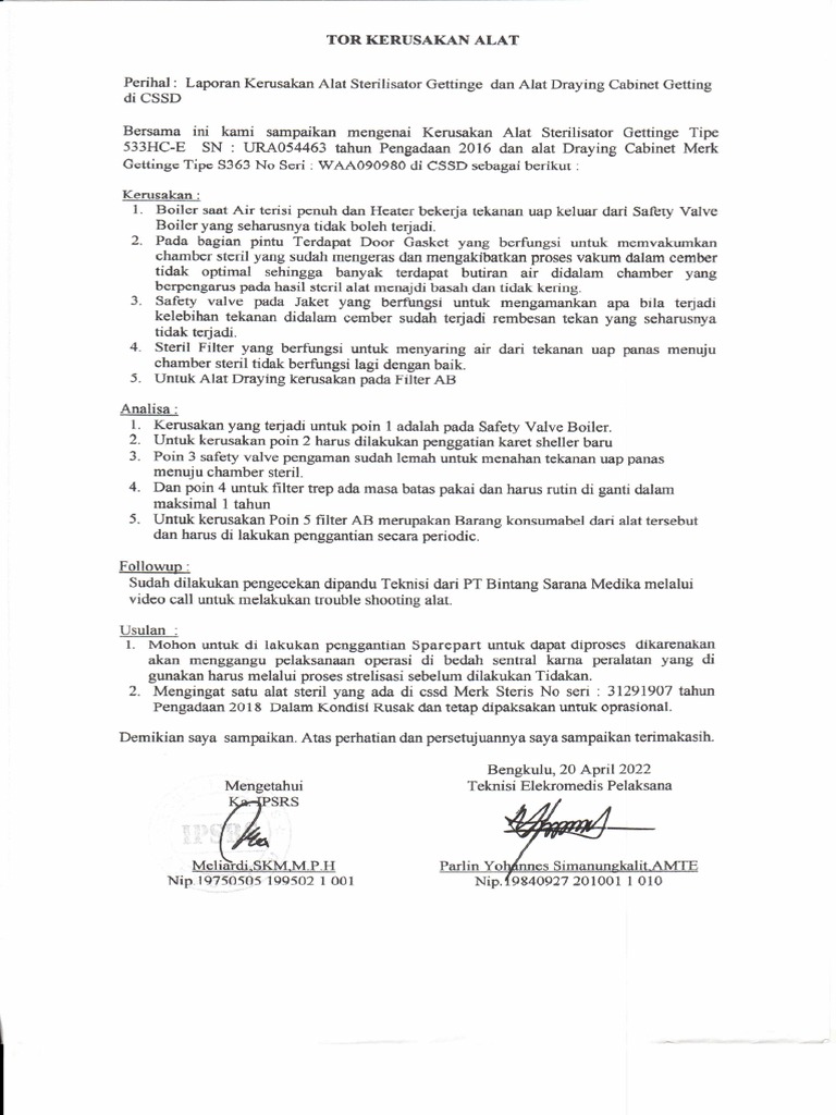 Tor Kerusakan Alat Sterilisator Gettinge CSSD | PDF