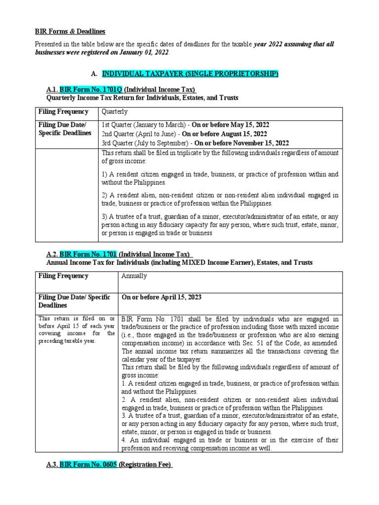 BIR 2022 Tax Forms and Deadlines Guide | PDF | Business