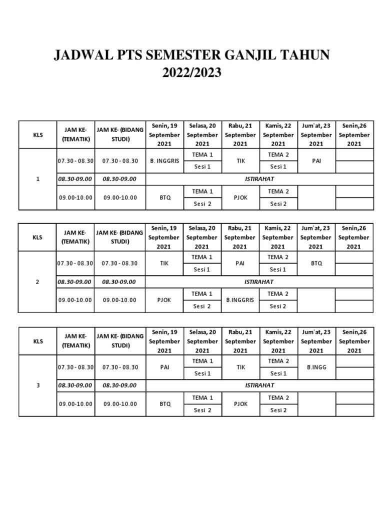Jadwal PTS Semester Ganjil Tahun 2022-2023 Fix | PDF