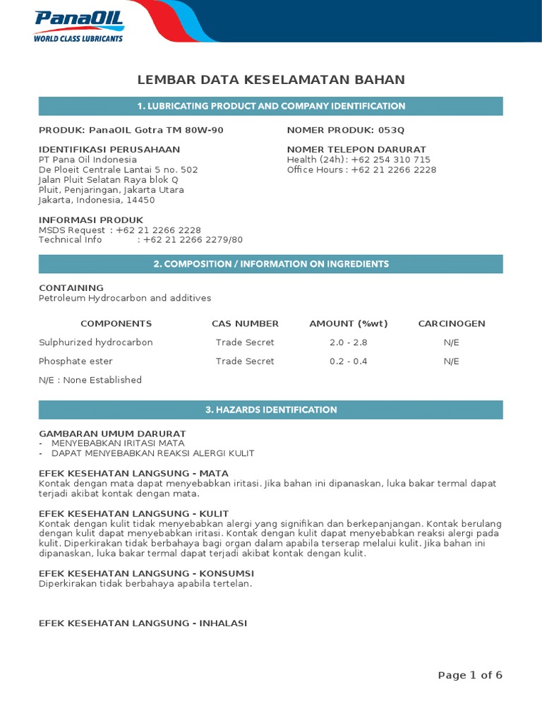 Msds Panaoil Gotra TM 80w-90 | PDF | Kesehatan Holistik | Sains ...