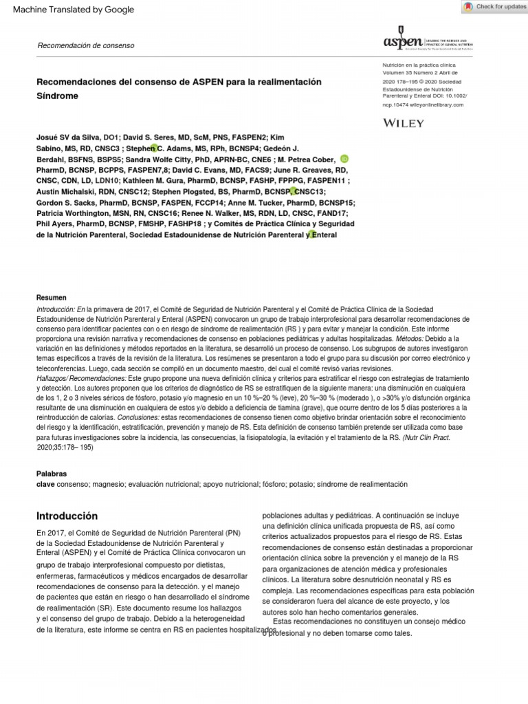 Nut in Clin Prac - 2020 - Da Silva - ASPEN Consensus Recommendations For Refeeding Syndrome ...
