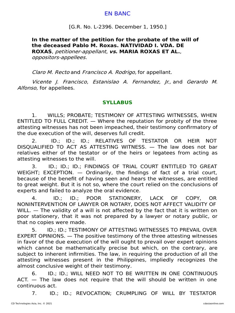 Vda De Roxas V Roxas G R L 2396 December 11 1950 87 Phil 692