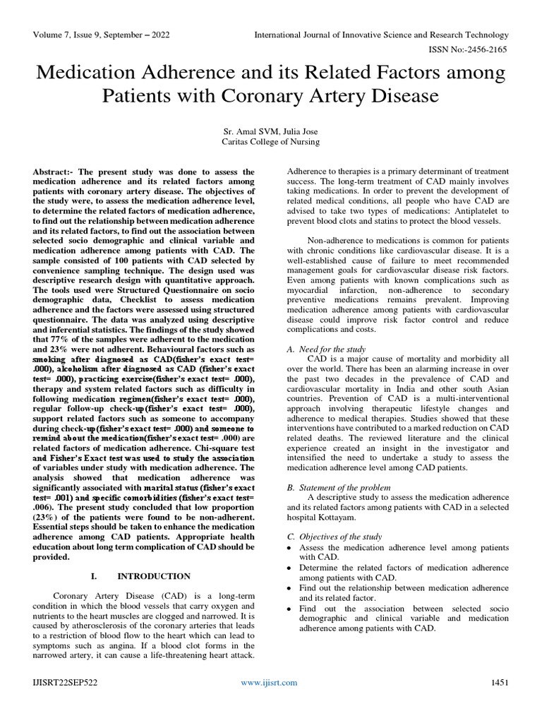 Medication Adherence and Its Related Factors Among Patients With Coronary Artery Disease | PDF ...