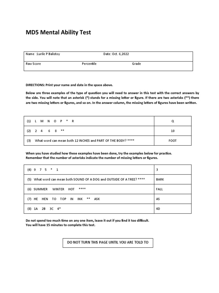 MD5 Mental Ability Test Answer Sheet | PDF | Semiotics | Linguistics