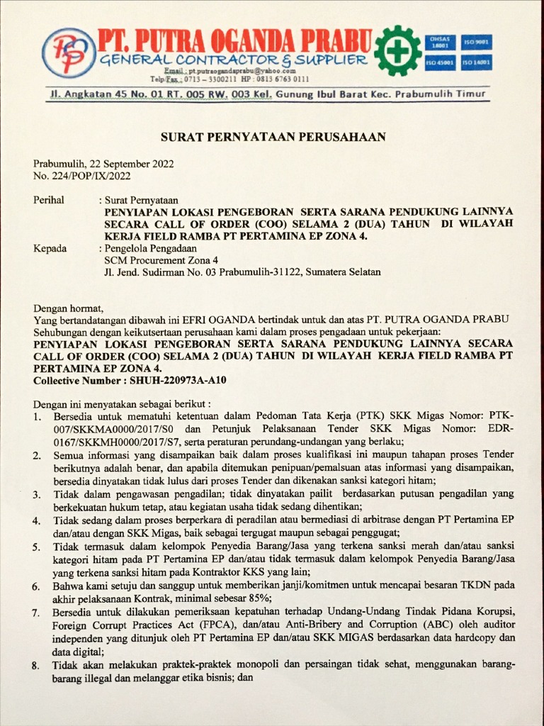 Surat Pernyataan Perusahaan | PDF