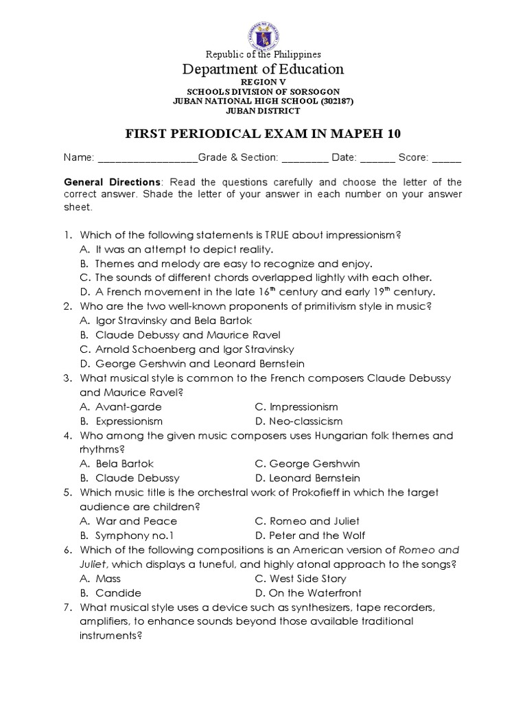 ORIG - G10-1st PERIODICAL TEST-MAPEH10 (TQS) | PDF