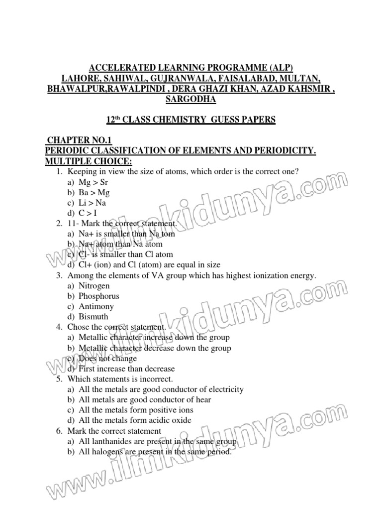 12TH Class Chemistry Guess Paper | PDF | Aldehyde | Transition Metals