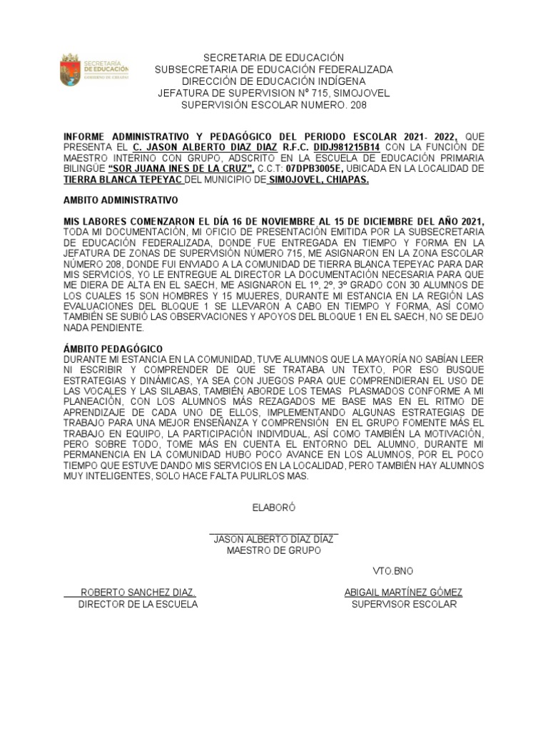 Informe de actividades pedagógicas y administrativas de un maestro interino en una escuela ...