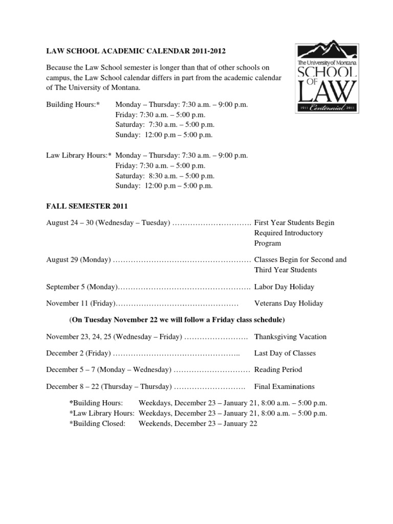 Law School Academic Calendar 2011-2012 | PDF