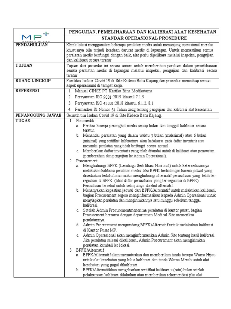 Sop Pengujian, Pemeliharaan Dan Kalibrasi Alat Kesehatan | PDF | Teknologi & Rekayasa