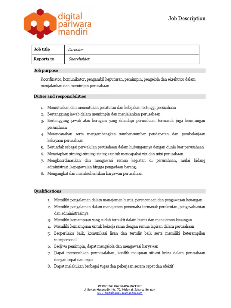 Contoh Job Desc Direktur | PDF | Bisnis