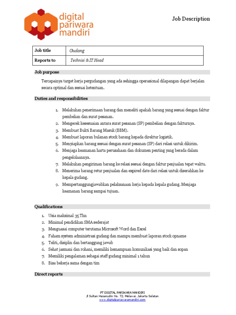 Contoh Job Desc Gudang | PDF