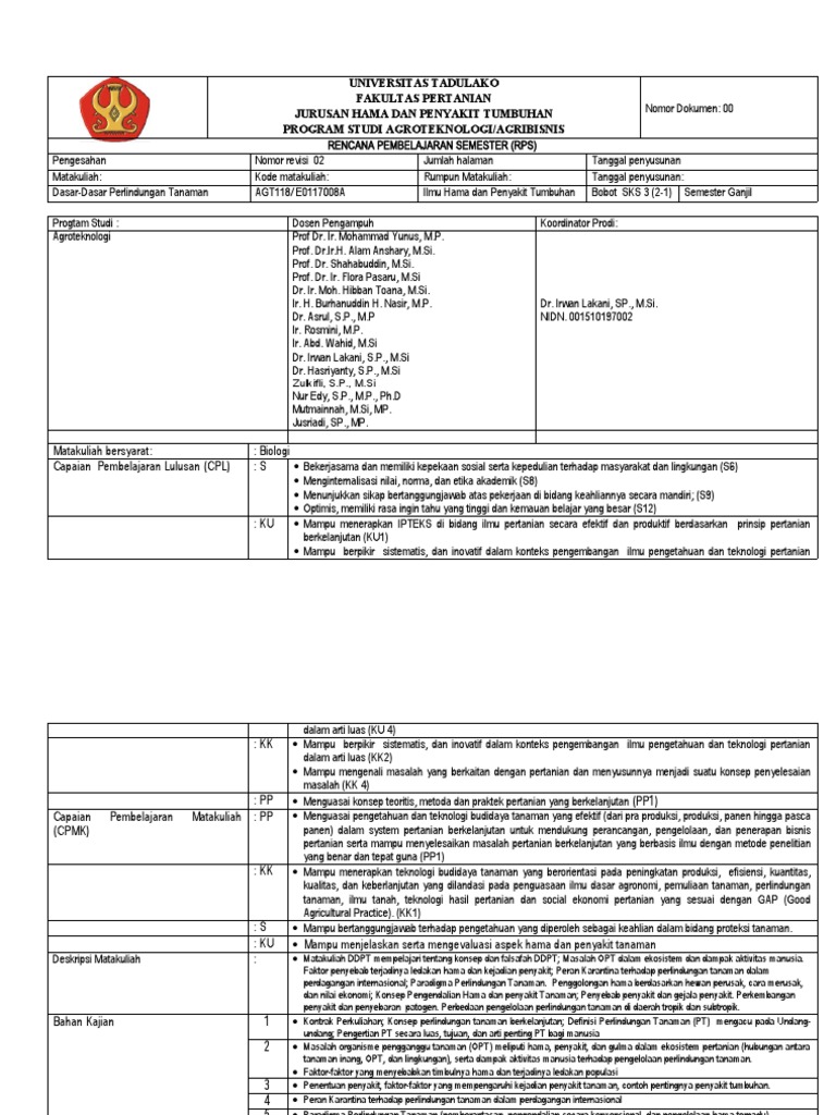 Draft RPS Dasar-Dasar Perlindungan Tanaman 2022 | PDF