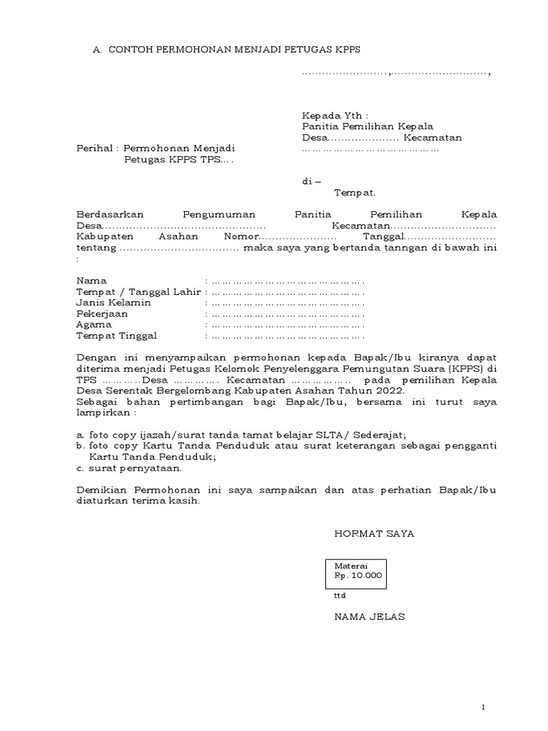 Contoh Permohonan Dan Pernyataan Petugas KPPS | PDF