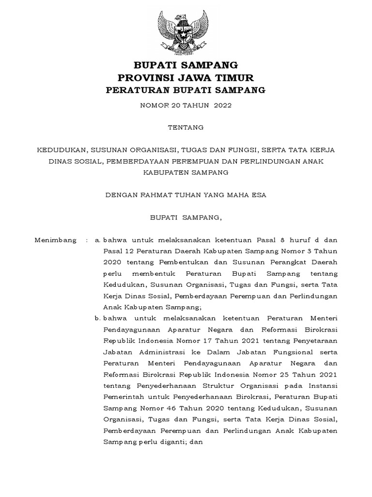 Perbup Nomor 20 Tahun 2022 Tentang Sotk Dinas Sosi | PDF