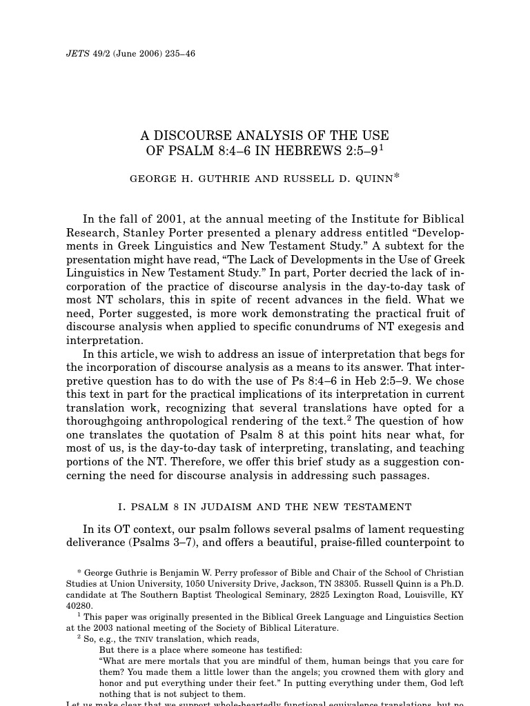 Discourse Analysis of Psalm 8 in Hebrews | PDF | Christology | Psalms