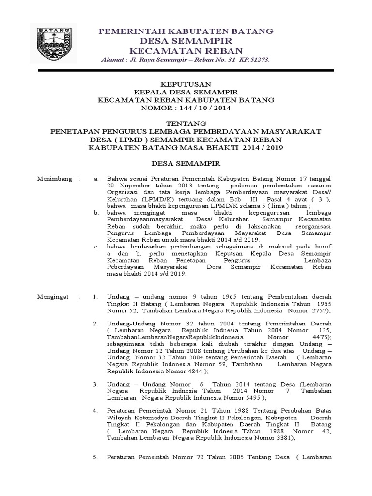 Penetapan Pengurus LPMD Semampir 2014-2019 | PDF