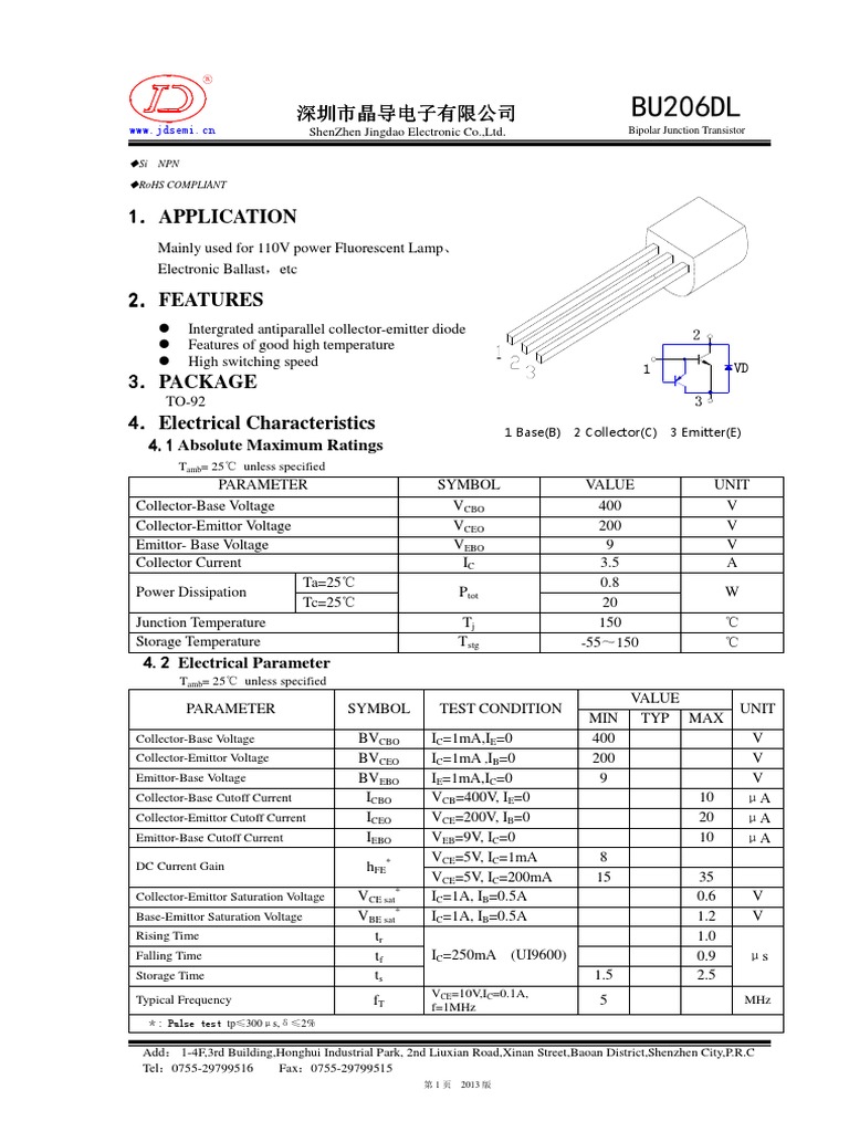 Bu 206 DL | PDF | Bipolar Junction Transistor | Electric Power