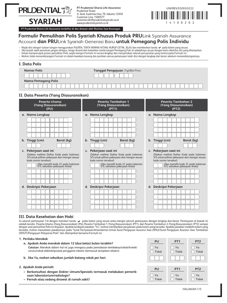 Formulir Pemulihan Polis Syariah Khusus Produk PSAA PSGB Individu - REV2 - S - 03 - 0222 | PDF