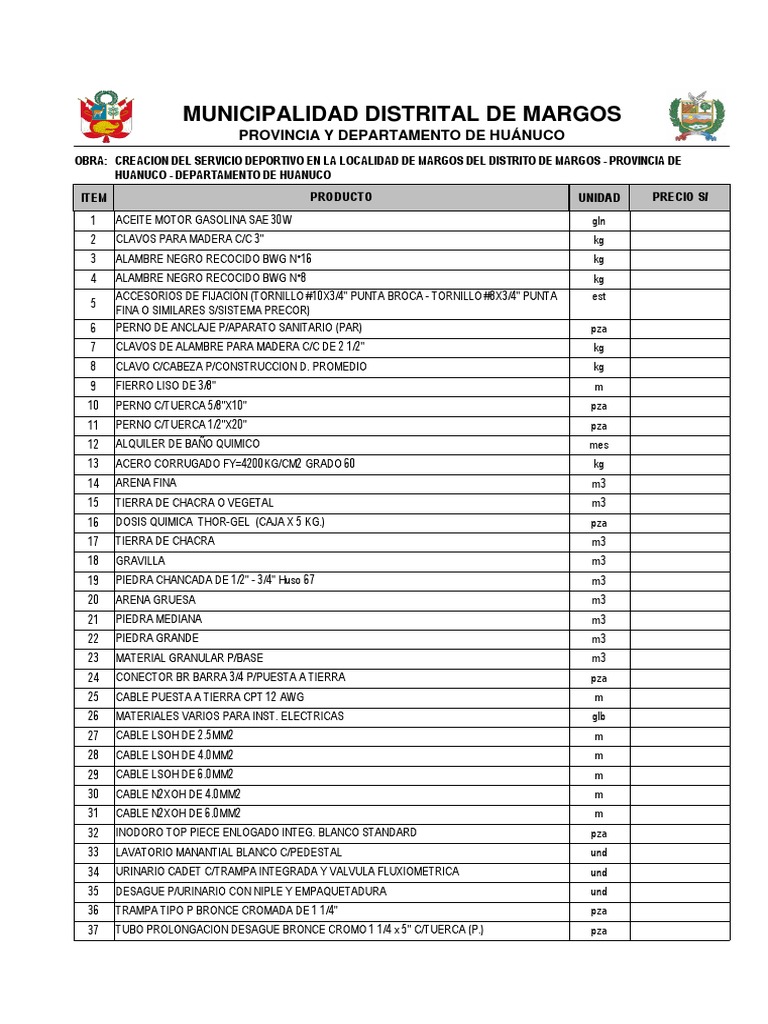 Relacion de Insumos - Materiales | PDF | Tornillo | Materiales