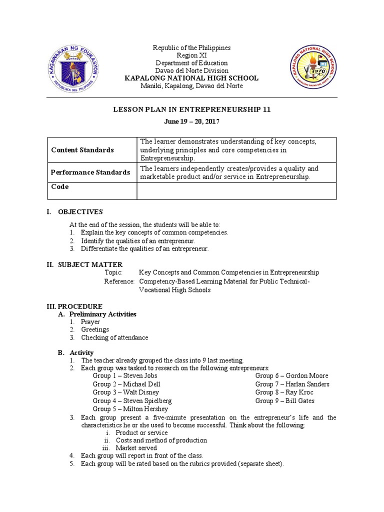Entrepreneurship Lesson Plan | PDF | Entrepreneurship | Rubric (Academic)