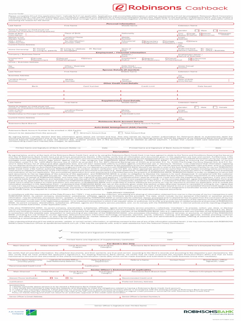 Robinsons Bank Cashback Application Form | PDF