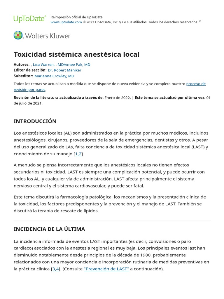 Local Anesthetic Systemic Toxicity - UpToDate | PDF | Medicamentos con ...