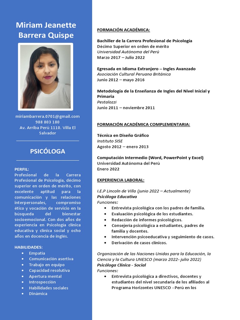CV Miriam Barrera 2022 Agosto-1 | PDF | Sicología | Perú