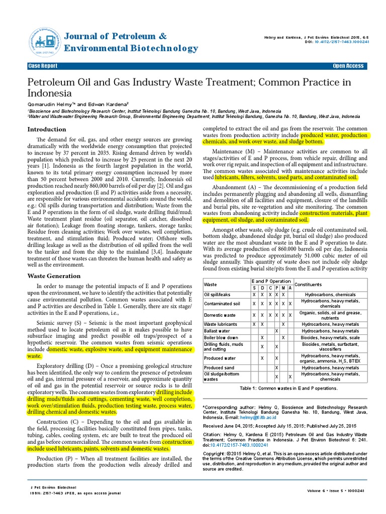Petroleum Oil and Gas Industry Waste Treatment Common Practice in ...