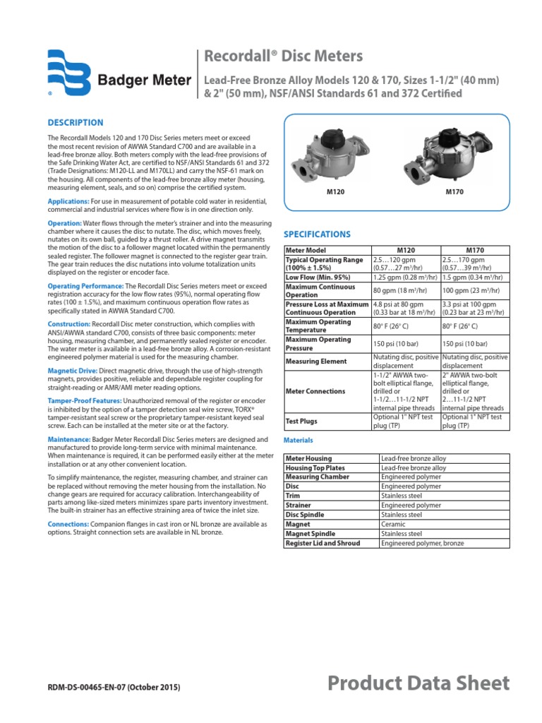 Ficha Tecnica Medidores Badger Meter Serie Disco Recordall | PDF