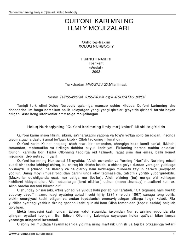 Xoluq Nurboqiy. Qur'Oni Karimning Ilmiy Mo'Jizalari | PDF