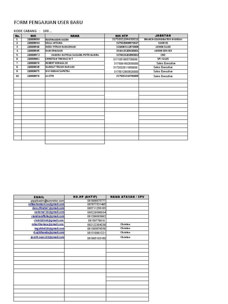 Form Pengajuan User Baru: Kode Cabang: 100 | PDF