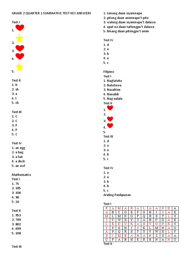 Grade 2 Quarter 1 Summative Test Key Answers | PDF