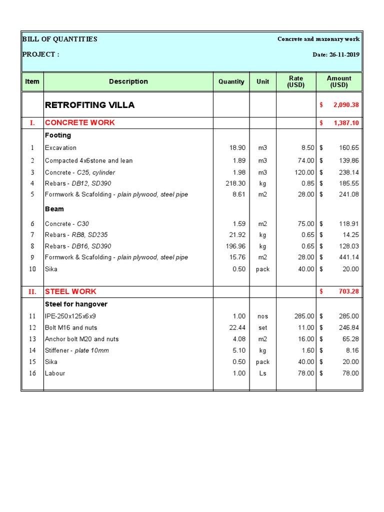 Bill of Quantities for Concrete and Masonry Work for a Residential Villa Retrofitting Project in ...