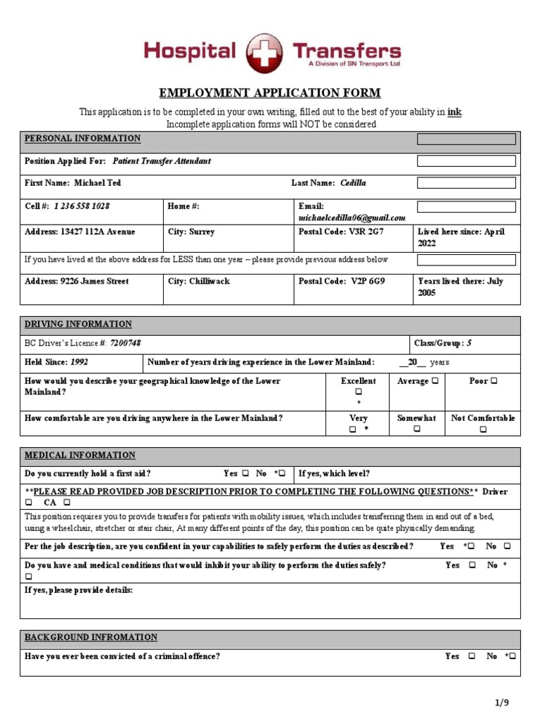 Hospital Transfer Application | PDF